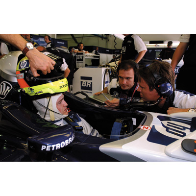 Ralf Schumacher WilliamsF1 BMW FW25 with his Race Engineer Gordon Day ...